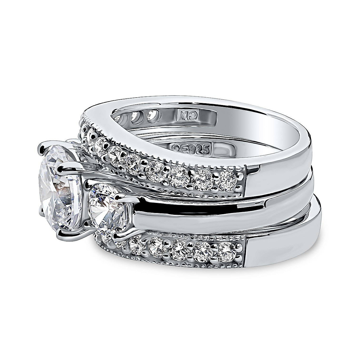 BERRICLE Sterling Silver 3-Stone Wedding Engagement Rings Round Cubic Zirconia CZ Ring Set for Women, Rhodium Plated Size 9.5