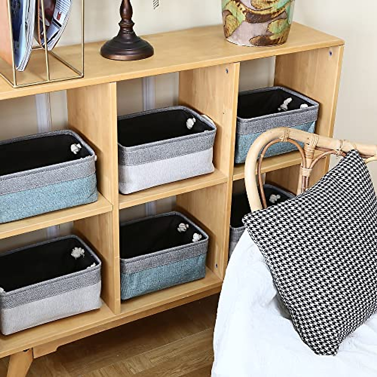 Sea Team 3-Pack Small Storage Basket Set, Storage Cube Organizer, Storage Bins, 12 x 8 x 5 Inches, Rectangle Canvas Fabric Collapsible Shelf Box with Handles for Kids Room (Grey/Stone Blue)
