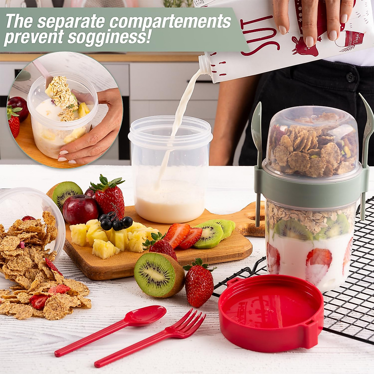 EYNEL 4 Pack On The Go 22 oz Breakfast Cups with Lids and Spoon, Reusable Cereal Yogurt Cup with Topping Plastic Milk Jar Overnight Oats Container for Granola Oatmeal Take Along (22 oz - 4 Colors Set)