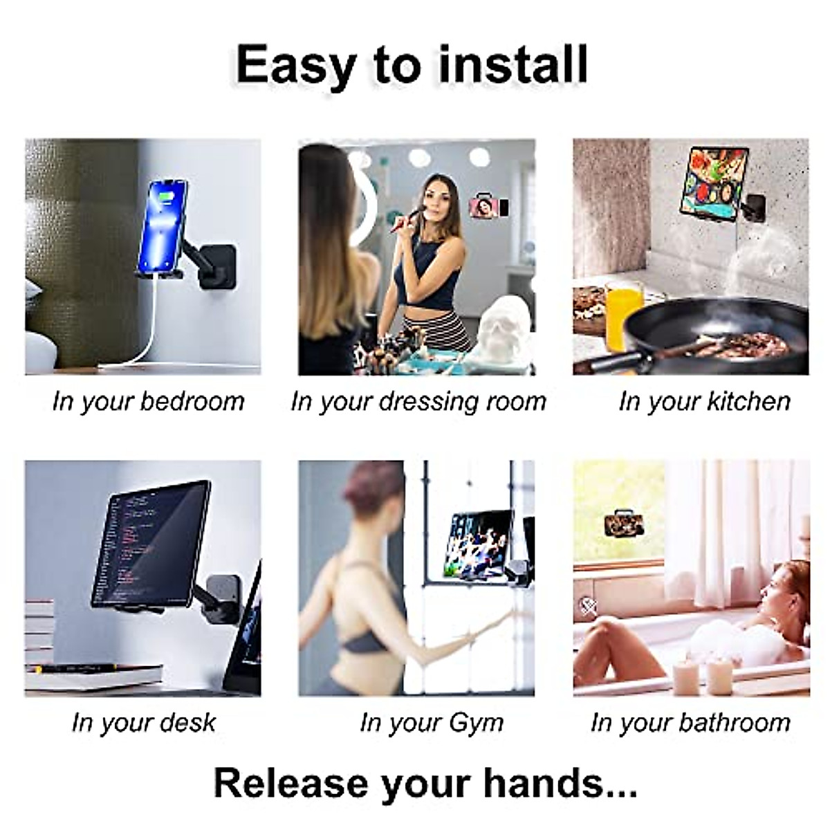 MLUOVI Wall Mount Phone Holder 2PCS Phone Wall Mount, Extendable Adjustable Cellphone Stand for Desk Mirror Bathroom Kitchen Bedroom Office Compatible with All Phone or Mini Pad (Black)