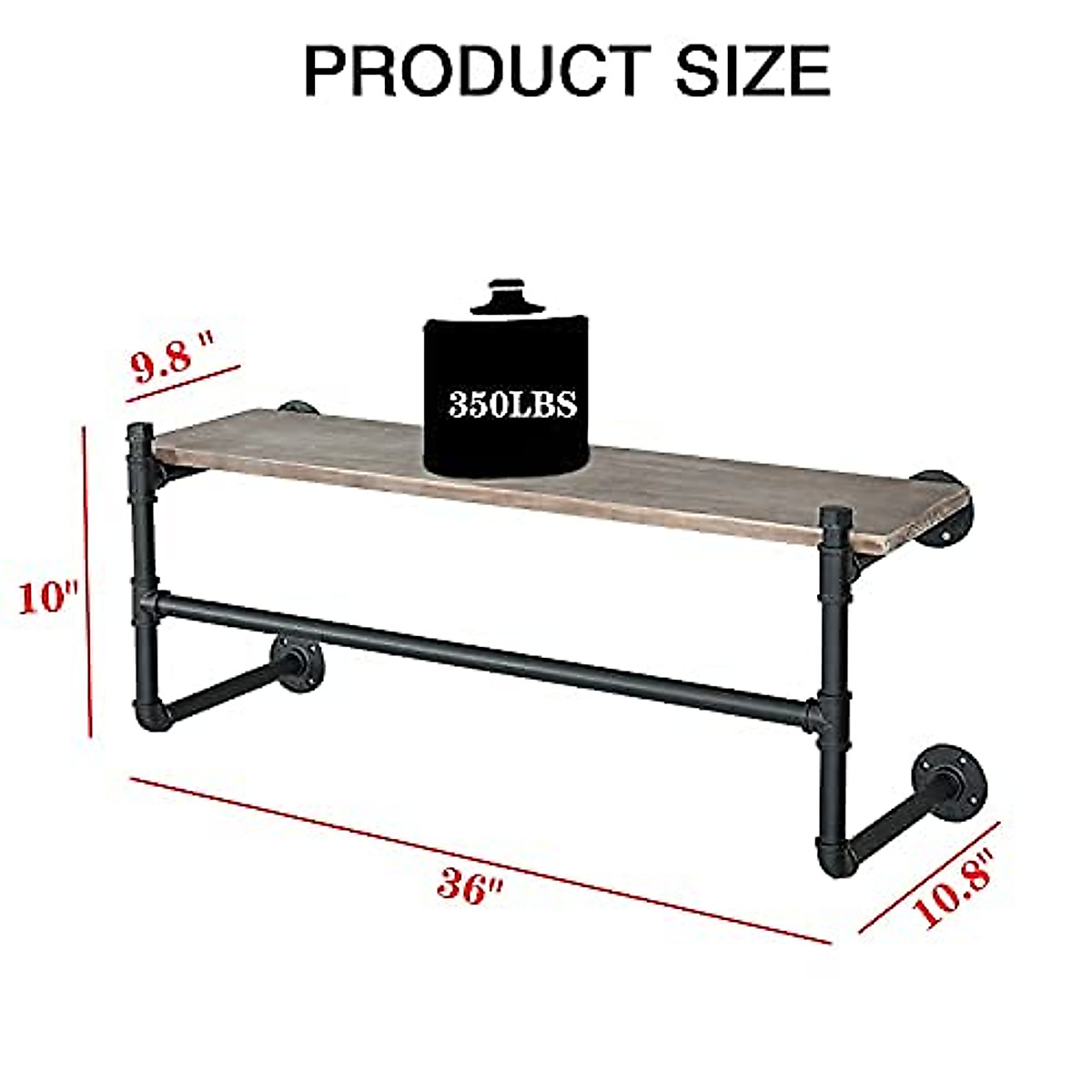 Clothes Rack with Shelf, 36in Industrial Pipe Wall Mounted Garment Rack, Space-Saving Display Hanging Pipe Clothes Rack, Heavy Duty Detachable Multi-Purpose Hanging Rod for Closet Storage(1-Layer)