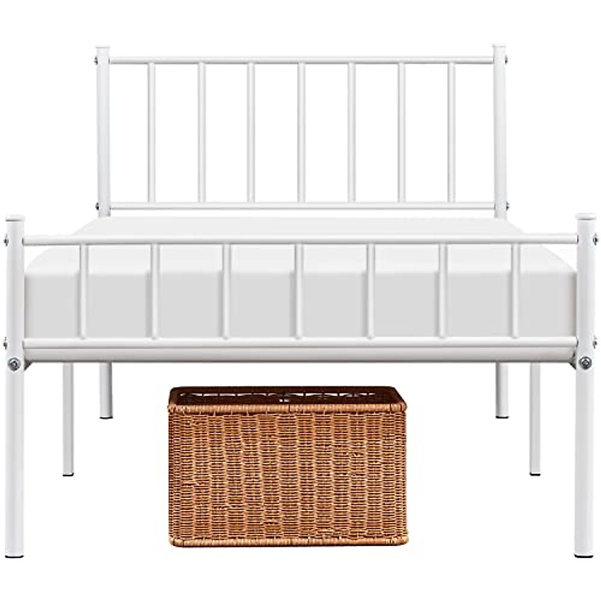 Yaheetech Twin Size Bed Frame Metal Platform Bed Frame Mattress Foundation with Spindle Headboard & Footboard/No Box Spring Needed/14 Inch Underbed Storage/Firm Support & Easy Set up Structure, White