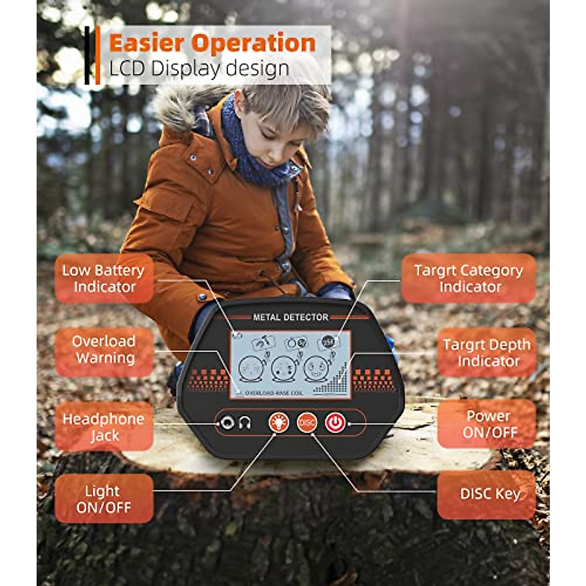 Metal Detector Kit for Kids & Adults with Sand Sifter Scoop, IP68 Waterproof, LCD Display & 8" Coil Adjustable Gold Detector for Treasure Hunting, Lightweight Easy to Use