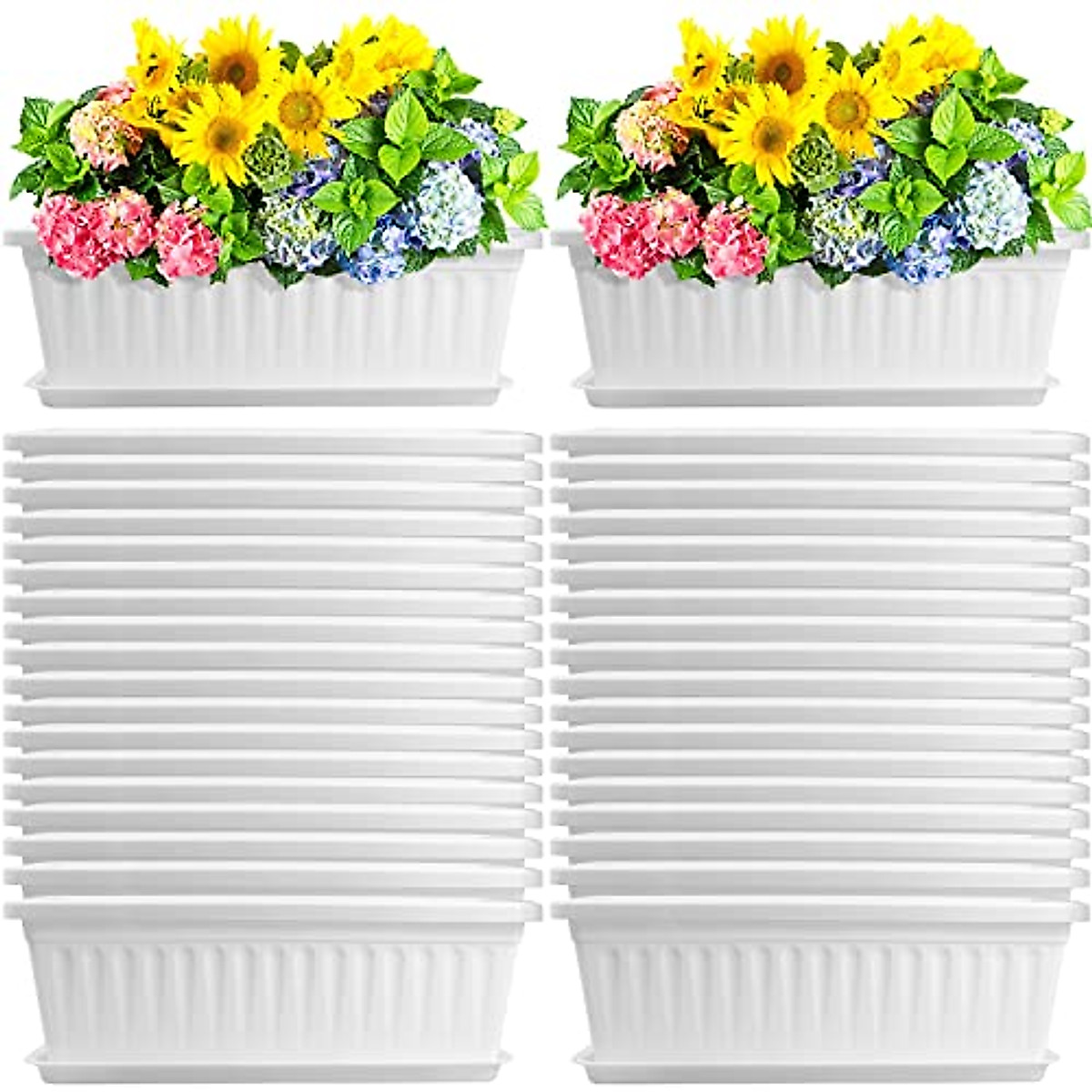 10 Pack Window Planter Box, 17 inch Rectangular Flower Planter Boxes with Tray for Indoor and Outdoor Flower Balcony Windowsill Patio Garden (White)