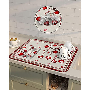 Valentines Day Dish Drying Mat for Kitchen Counter, Super Absorbent Quick Dry Coffee Bar Mat Pad Thin Diatomaceous Sink Mat Non Slip Dish Drainer Mat 12''x16'' Romantic Love Heart Tree Red
