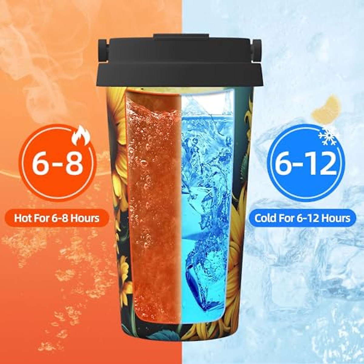 GTKSYNVE Reusable Coffee Mug with Lid and Handle, Moonlight Sunflower Pattern Tumbler for Hot & Cold Drinks 16oz Stainless Steel Insulated Coffee Tumblers Double Wall Vacuum Thermal Cup