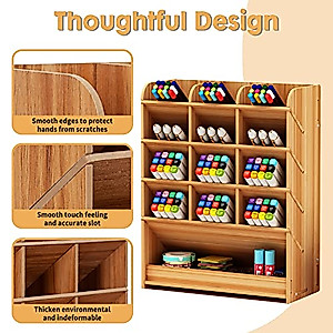 ShellKingdom Wooden Desk Organizer, Desktop Stationery Holder for Pen Pencil Markers, Makeup Brushes, Lipsticks Storage, with 13 Compartments for Home Office School