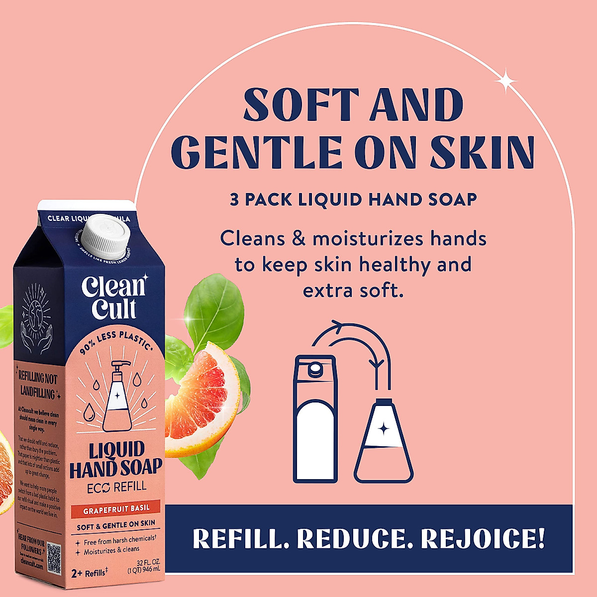 Cleancult Liquid Hand Soap Refills (32oz, 3 Pack) - Nourishes & Moisturizes - Free of Harsh Chemicals - Paper Based Eco Refill, Uses 90% Less Plastic - Grapefruit Basil