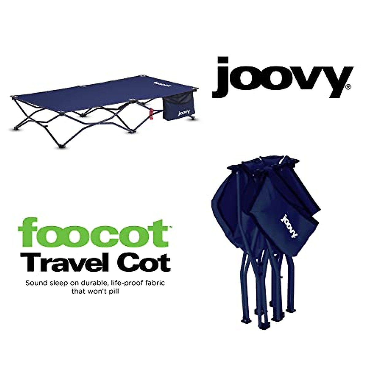 Joovy Foocot Travel Cot Featuring a Steel Frame and Tough Polyester Fabric, Storage Pocket, and Easily Folds into Included Travel Bag – Holds Kids Up to 48” Tall or 75 Lbs (Blueberry)