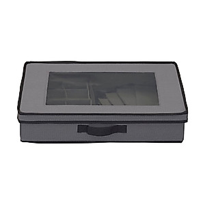 Household Essentials Tabletop Storage Box, Windowed Lid and Front Handle, 8 Compartment Lift-out Tray, 4 Fabric Pouches, Perfect for Special Occasion Tabletop Linens, Gray
