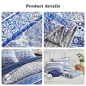 FlySheep Blue Boho Quilt Set 5 Pcs Bed in a Bag, Colorful Bohemian Striped Twin Size Coverlet Bedspread (1 Reversible Quilt 68x86, 1 Pillow Sham, 1 Flat Sheet, 1 Fitted Sheet, 1 Pillowcase)