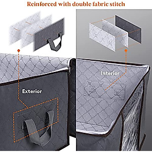 Clothes Storage Bins, Foldable Blanket Storage Bags with Lids & Handle, Closet or Underbed Organizer Containers, Grey, 90L, 3 PCS