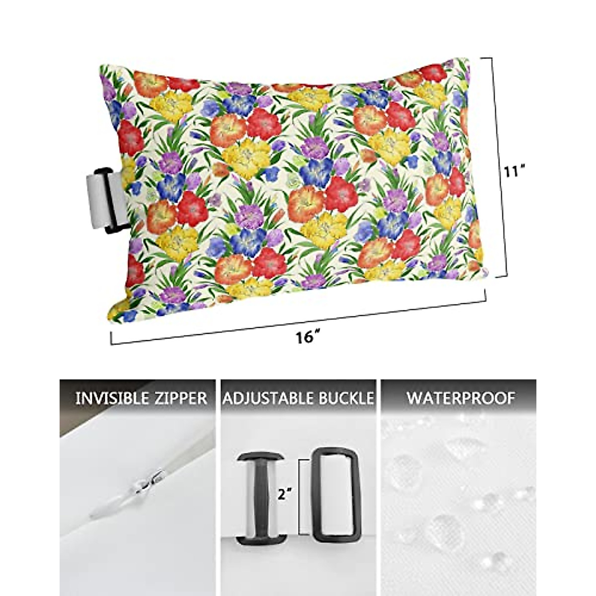 Recliner Head Pillow Ledge Loungers Chair Pillows with Insert Flower Irises Colourful Flower with Green Leaves Lumbar Pillow with Adjustable Strap Outdoor Waterproof Patio Pillows, 2 PCS