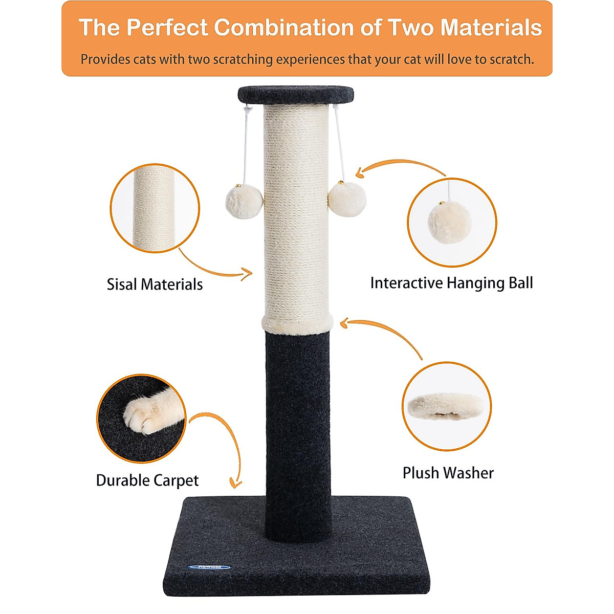 Komicoll 34-Inch Tall Cat Scratching Post for Indoor Cats, Large Carpet Scratch Post, Sisal Cat Scratcher, Sturdy and Durable Cat Post with Hanging Ball