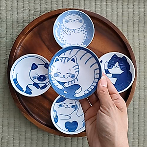 LOVE LOVE JAPAN Dessert Sushi Soy Sauce Salad Small Plate Set Ceramic Cats Design Set of 5 Made In Japan Sleeping Cat