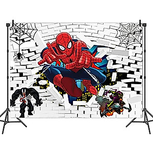 White Brick Wall Spiderman Photo Background 5x3ft Polyester Superhero Cityscape Spider Web for Children Baby Boys Birthday Party Banner Decorations Baby Shower Supplies