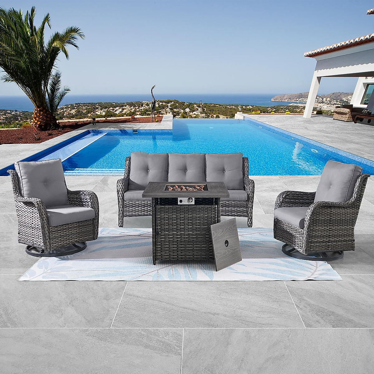 Patio Furniture 4 Piece, All-Weather PE Wicker Outdoor Furniture Set with CSA Certified 30in Propane Fire Pit Table,Outdoor Patio Furniture with Swivel Rocking Chairs