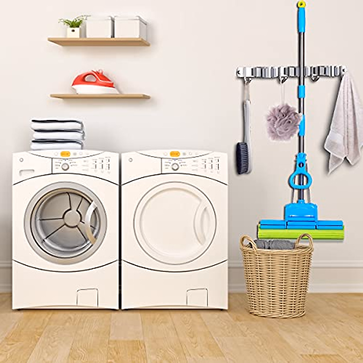 Gueryee Broom and Mop Holder Wall Mounted, Broom Hanger, Broom Organizer Wall Mount, Stainless Steel Broom Hook, Heavy Duty Broom Rack for Laundry Room, Garden, Garage, Bathroom(3 Racks 4 Hooks)