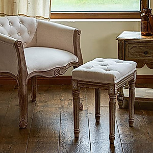 VONLUCE French Vintage Foot Stool with Rustic Wood Legs and Padded Seat, Upholstered Vanity Stool Piano Stool and Entryway Bench, Tufted Fabric Ottoman Stool for Bedroom Living Room More, Beige