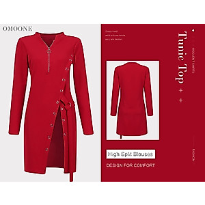 Omoone Women's Sexy Vneck Tshirts Tops Half Zip Long Sleeve Sweater Dress High Split Shirt Blouses Knitted Pullover Top (2868-Red-XL)