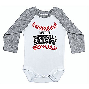 Baseball Long Sleeve Raglan Baby Onesie/My First Baseball Season/Unisex (0-3M, Heather & White)