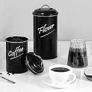 Hillbond Food Storage Canisters Containers for 4, Vintage Kitchen Canisters, Carbon Steel with Powder Coated Coffee Tea Sugar Flour Farmhouse Kitchen Canisters Set of 4(Black)