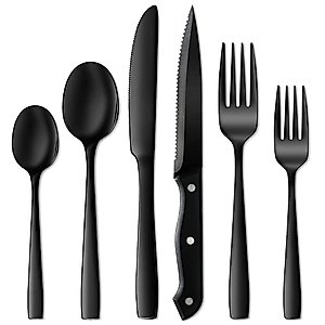 JGJGJG Silverware Set,24 Piece Stainless Steel Flatware Cutlery Set Service For 4,Include Steak Knives/Knife/Fork/Spoon,Mirror Finish, Dishwasher Safe Perfect For Home Kitchen Restaurant (Black)