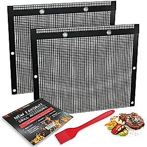 Oleex Non-Stick Large BBQ Grilling Bags + Basting Brush - Reusable PTFE Mesh Indoor Outdoor Charcoal Barbecue Grill Bag Accessories, Heat-Resistant Up to 500 F, Easy to Clean, Dishwasher-Safe