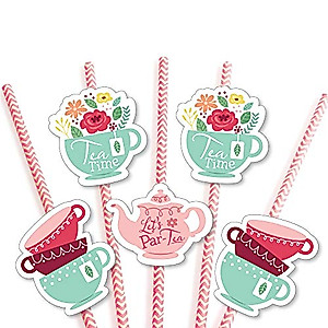 Big Dot of Happiness Floral Let’s Par-Tea - Paper Straw Decor - Garden Tea Party Striped Decorative Straws - Set of 24