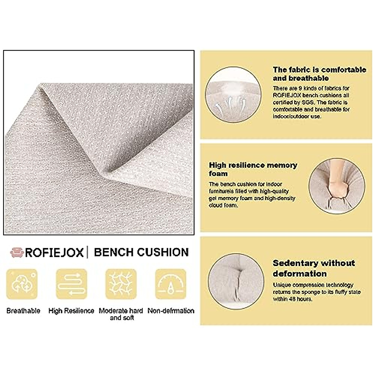 ROFIEJOX Indoor/Outdoor Bench Cushion 36x14 inch - Comfortable&Soft Fabric,Tufted Memory Foam, Non-Slip Bottom, Long Seat Cushion Furniture for Window Patio Garden Floor, (36x14x4) Milky White