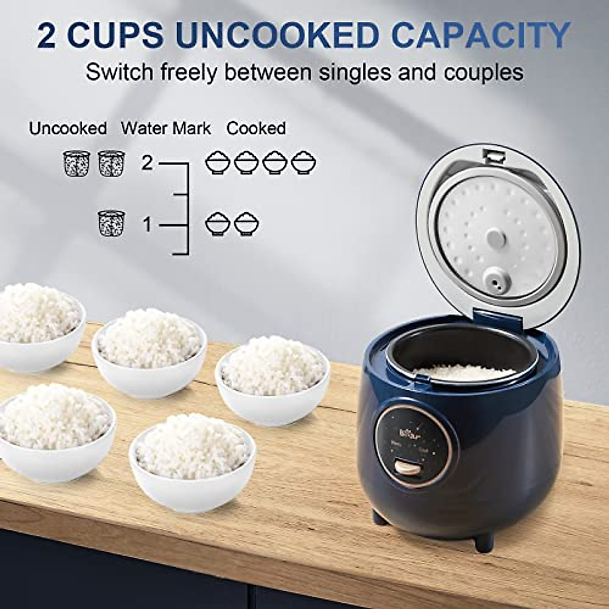 Bear Mini Rice Cooker 2 Cups Uncooked, 1.2L Portable Non-Stick Small Travel Rice Cooker, One Button to Cook and Keep Warm Function, Blue