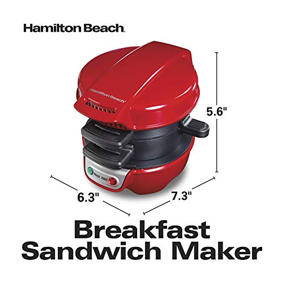 Hamilton Beach Breakfast Sandwich Maker with Egg Cooker Ring, Customize Ingredients, Perfect for English Muffins, Croissants, Mini Waffles, Dorm Room Essentials, Red (25476)