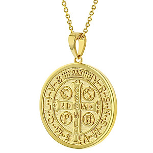 Gold Plated Reversible Religious Saint Benedict Medal Pendant Necklace Ideal for Ladies & Women 19" - Meaningful and Special Religious Jewelry Gift for Loved Ones