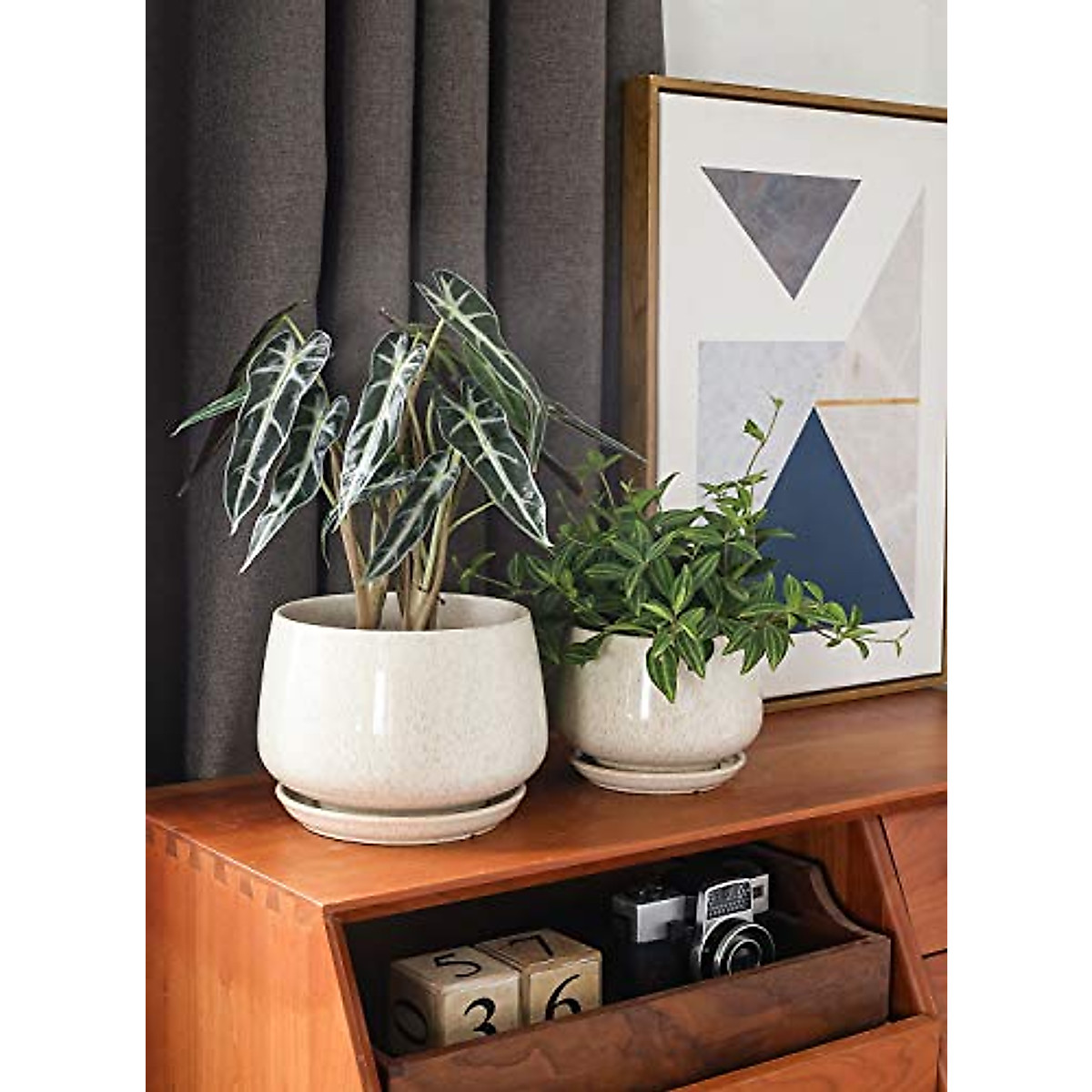 LE TAUCI Plant Pots, 4.1+5.1+6.5 inch, Set of 3, Ceramic Planters with Drainage Hole and Saucer, Indoor Flower Pot with Hole Mesh Pad, Gifts for Mom, Reactive Glaze Beige