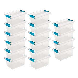 Sterilite Medium Clip Box, Stackable Small Storage Bin with Latching Lid, Plastic Container to Organize Office, Crafts, Clear Base and Lid, 12-Pack
