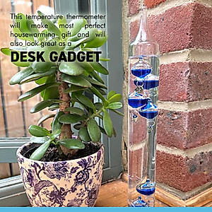 30cm Tall Free Standing Galileo Thermometer with Seven Blue Floating Globes | Measures temperatures from 16 Degrees Centigrade to 28 Degrees | Also in Fahrenheit | Weather Station | Water Thermometer