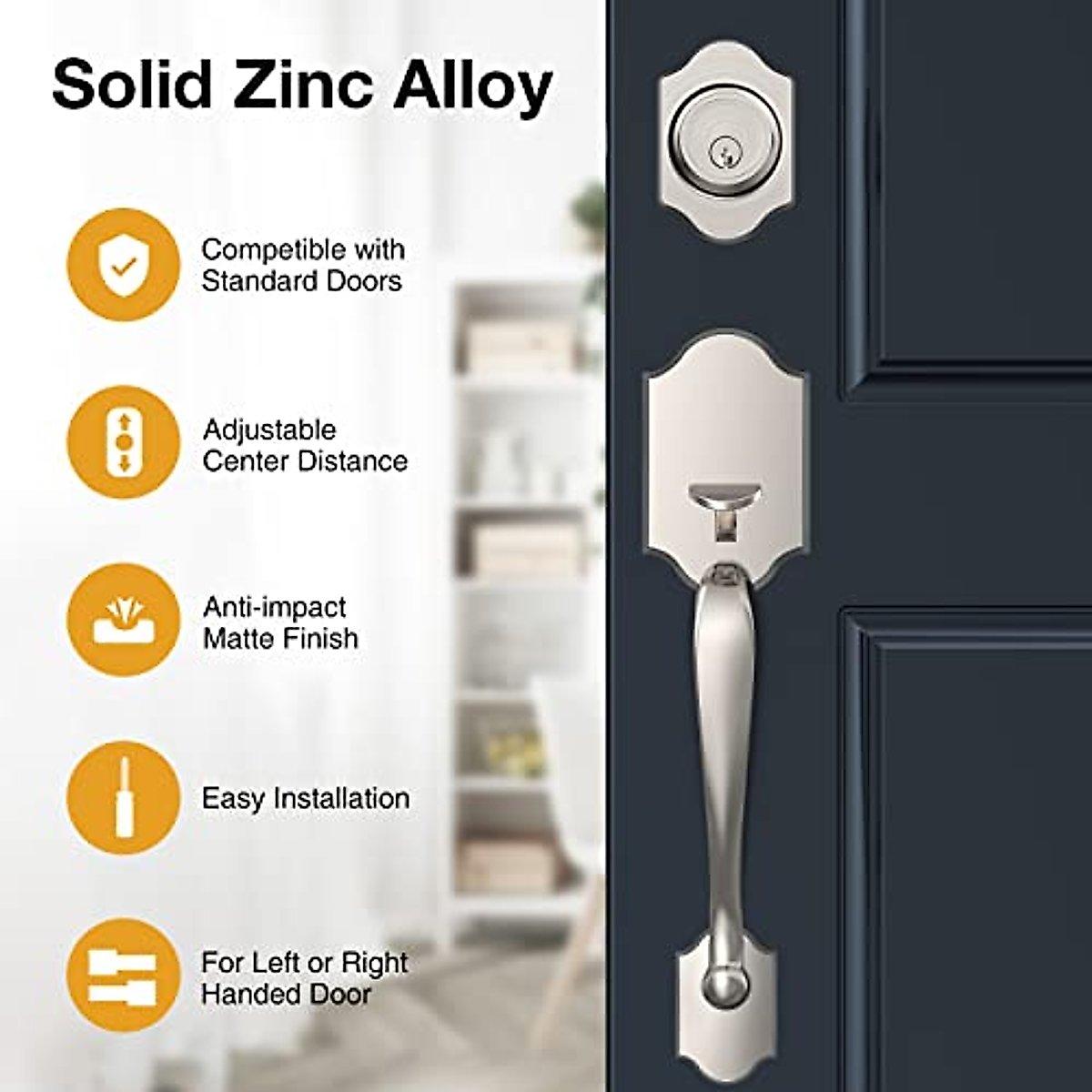 Brightify Satin Nickel Front Door Handle, Satin Nickel Door Handle with Door Lever, Modern Front Door Handle Set, Adjustable Deadbolt Lock Set with Single Cylinder, Reversible for Right&Left