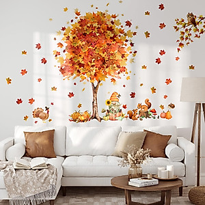 Cholemy 3 Sheets Thanksgiving Wall Stickers Thanksgiving Wall Decals Harvest Pumpkin Maple Leaf Tree Wall Decoration Fall Window Sticker Removable Farmhouse Wallpaper for Living Room Bedroom