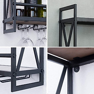 Industrial 2-Tier Wall-Mounted Wine Rack, Wood Shelf, 5 Stem Glass Holders for Wine Glasses, Wall Mount Bottle Holder Glass Rack, Wood Shelves, Metal Frame