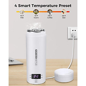 Travel Portable Electric Kettle, Small Mini Coffee Tea Kettle with 4 Temperature Settings, Fast Boiling Hot Water with Auto Shut-off, Stainless Steel, 17oz, White