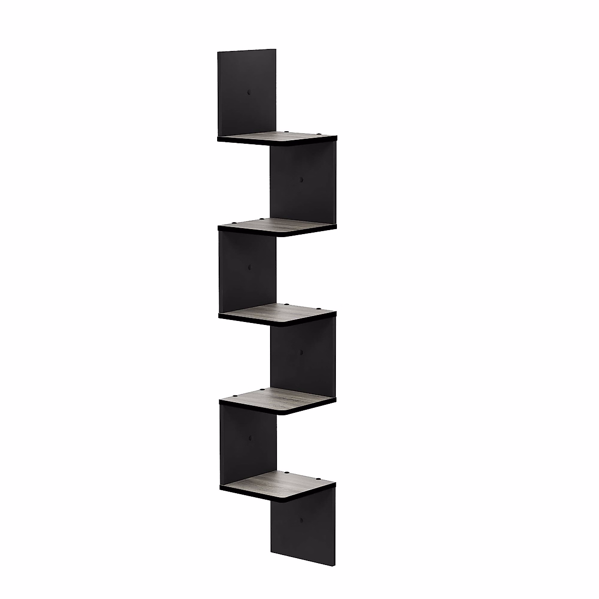 Furinno Rossi Wall Mount Floating Corner Shelf, 5-Tier Square, French Oak Grey/Black & Rossi Wall Mounted Shelves, 5-Tier Rectangle, French Oak Grey/Black