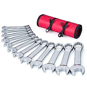 Premium Stubby Combination Wrench Set with Roll-up Pouch, 12-Piece, Metric, 8mm to 19mm, No Skipped Size | Cr-V Steel, Mirror Polished Finish | Short Length and Slim Body, Perfect for Confined Areas