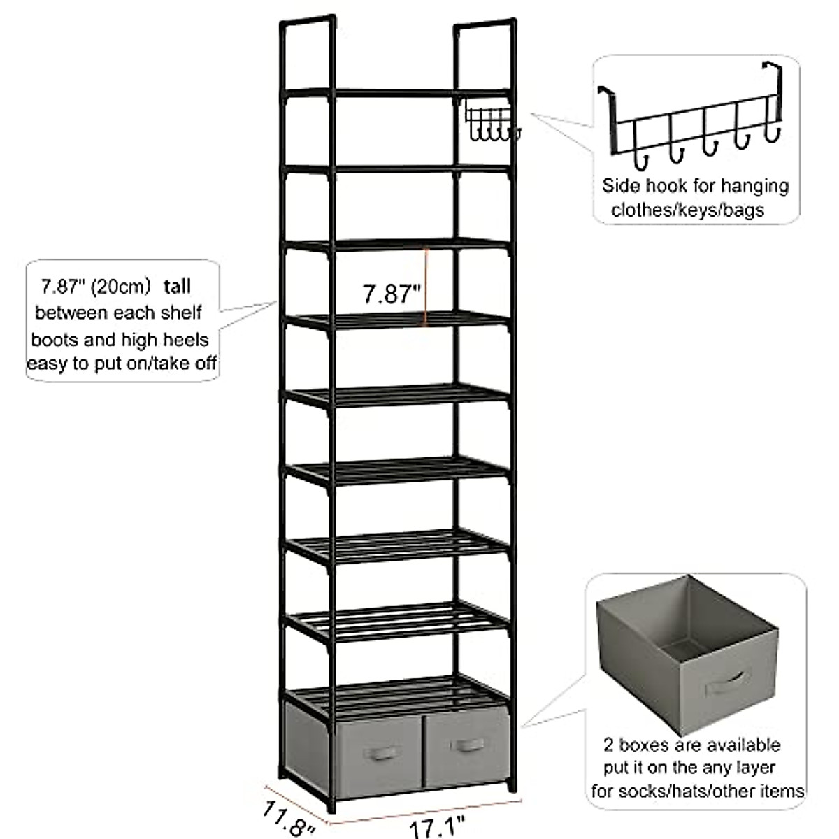 OYREL Sturdy Metal Shoe Rack Organizer,Narrow Shoe Racks for Closets, Shoe Stand,Shoe Shelf (10 Tier with 2 Boxes and 1 Hook)