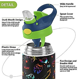GOODOLD Cartoon Gamepad Kids Water Bottle, Insulated Stainless Steel Water Bottles with Straw Lid, 12 oz BPA-Free Leakproof Duck Mouth Thermos for Boys Girls