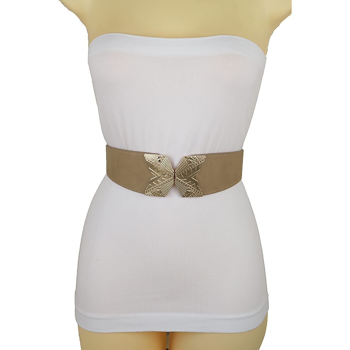 TrendyFashionJewelry Women Fashion Elastic Wide Waistband Belt Hip High Waist X Shape Gold Metal Buckle S M Beige