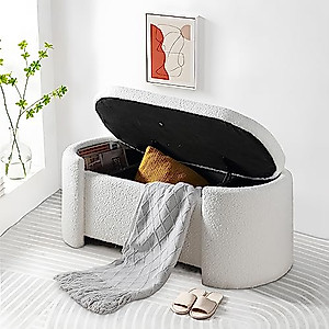 Deolme White Boucle Storage Ottoman Bench- Modern Wooden Indoor Upholstered Storage Bench End of Bed Stool Sherpa Bench Bedside with Safety Hinge for Bedroom, Living Room Seating, Entryway
