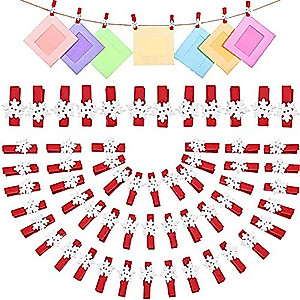 Souarts Pack of 50pcs Christmas Clips, Snowflake Red Wood Clothespins for Game Favors Craft, Wood Clips Set for Card Paper Photo Photography Activity (Red)