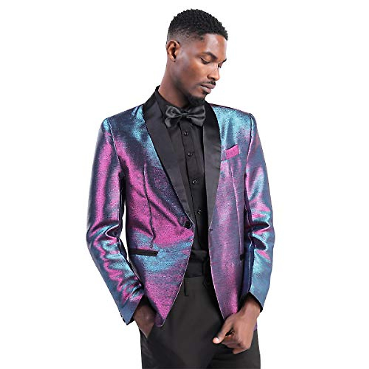 Mens Magic Color Tuxedo Suit Jacket Luxury Slim Fit Dress Blazer Prom Sport Coat,Pink/Gold,Small