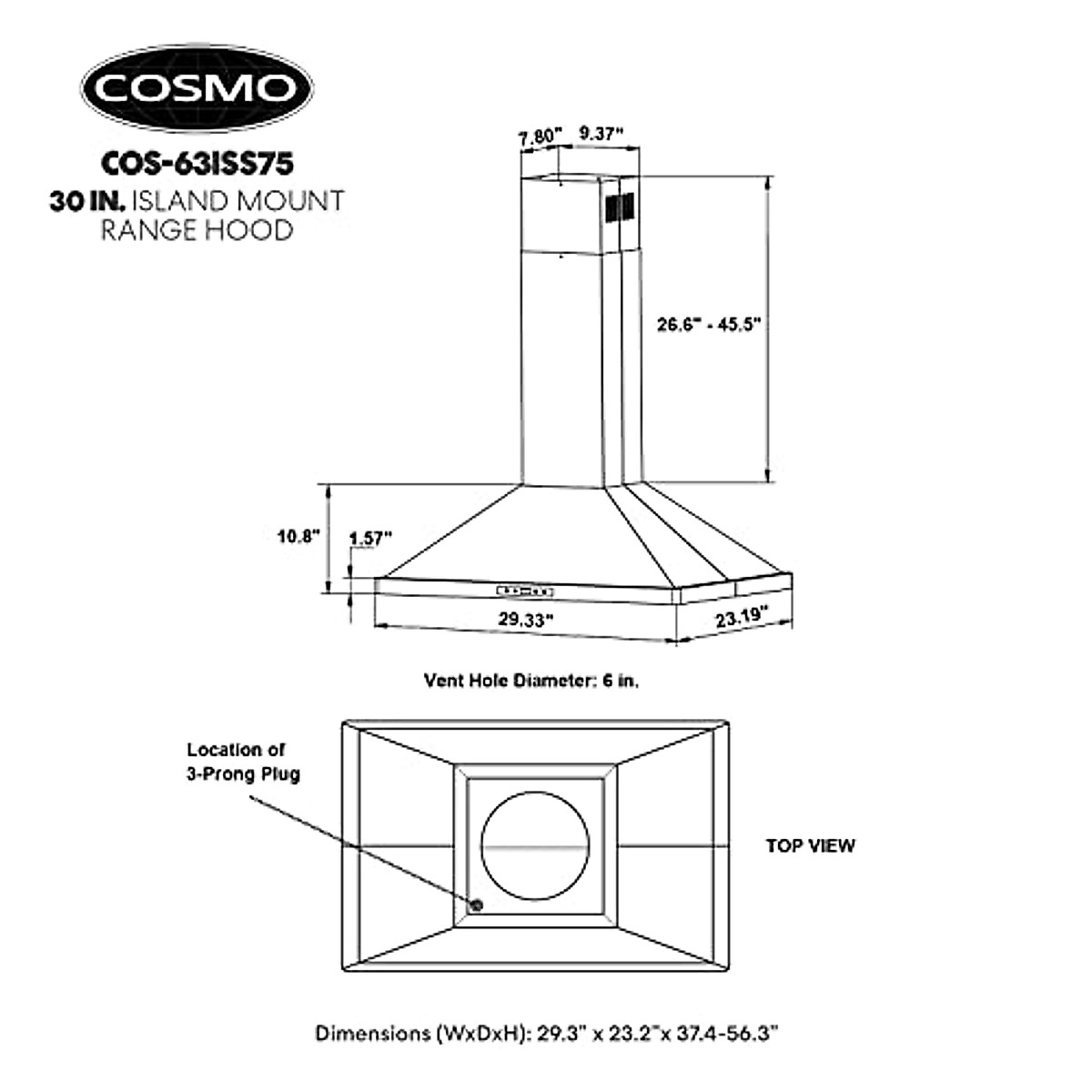 COSMO COS-63ISS75 30 in. Lumin Collection 380 CFM Ducted Island Range Hood, Soft Touch Controls, LED Lights, Stainless Steel