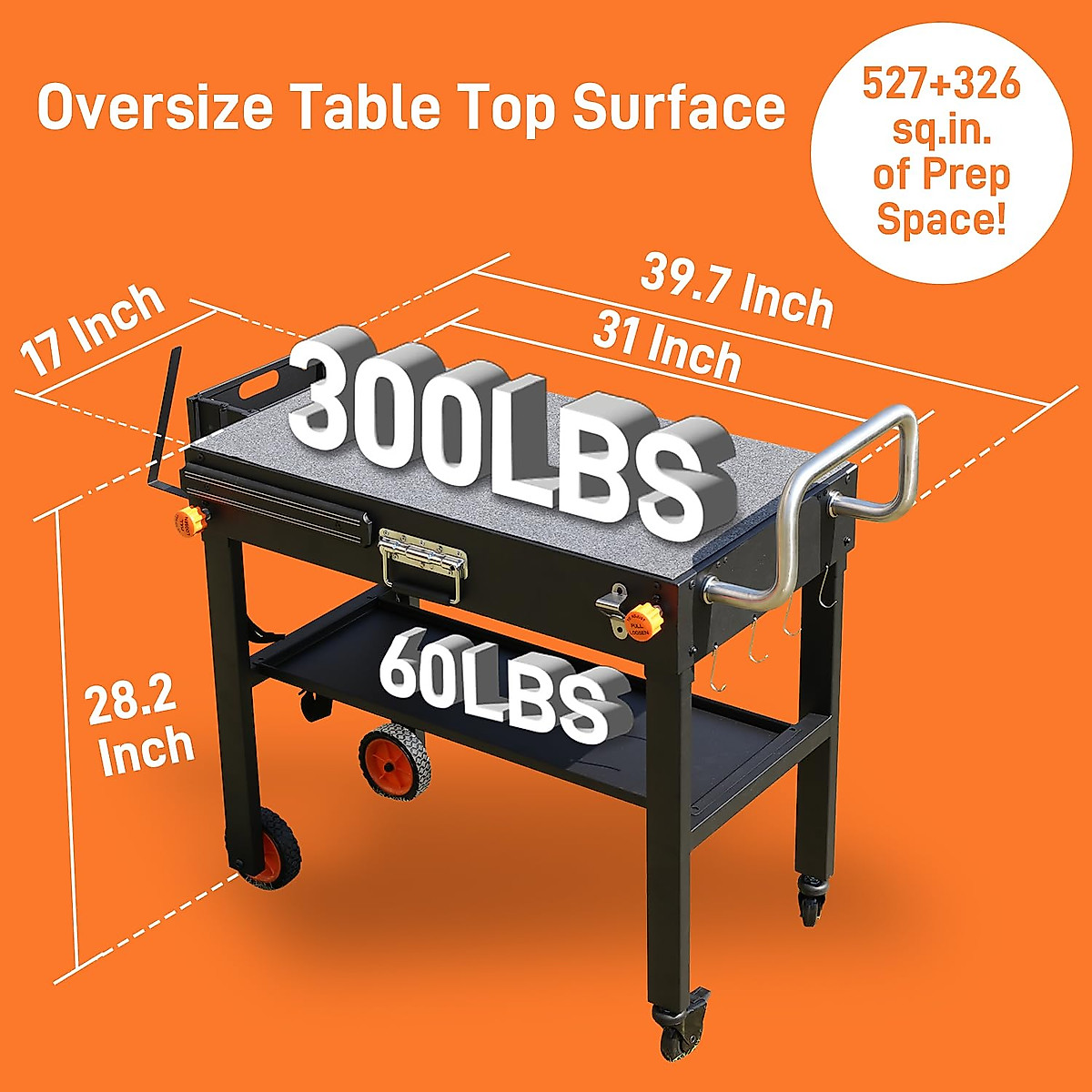 Outdoor Portable Grill Table stand - Folding Prep Stand for 17" or 22" Blackstone Griddle, Large Space blackstone Table with Wheels, Pizza Oven Cart for Ninja, Patio Grilling Backyard BBQ Grill Cart.